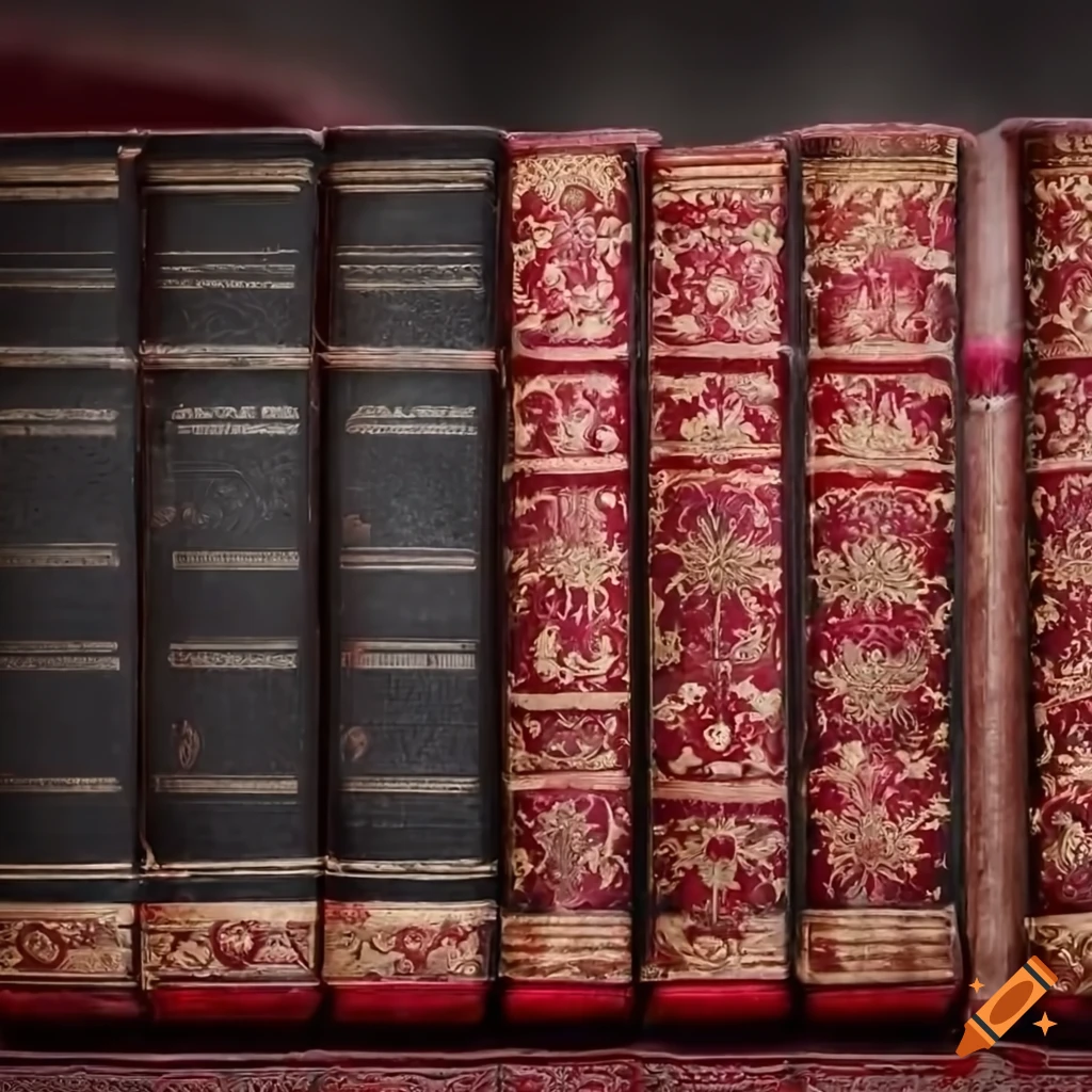 Row of intricately decorated vintage old red and black books on Craiyon