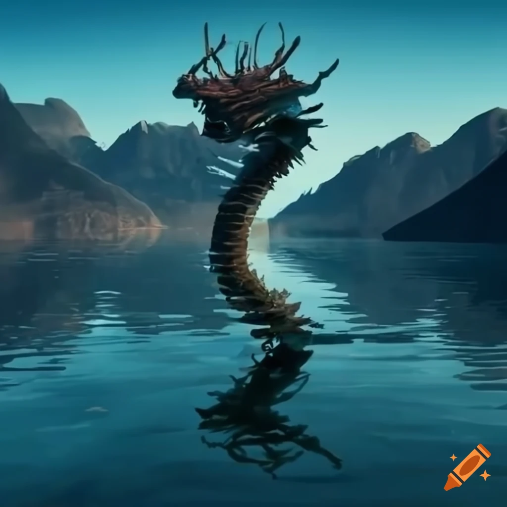 Robotic sea serpent in a lake surrounded by mountains on Craiyon