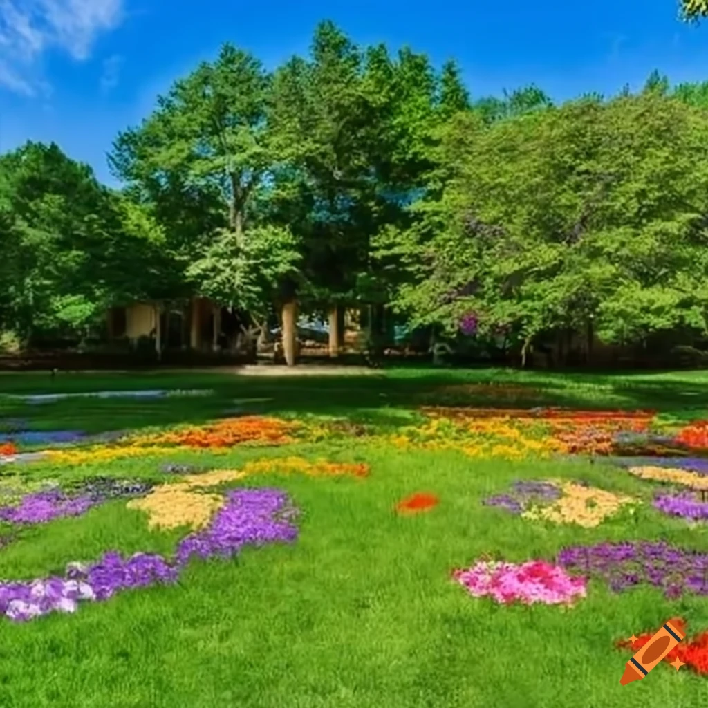 Meticulously designed compound with vibrant flowers in a serene ...