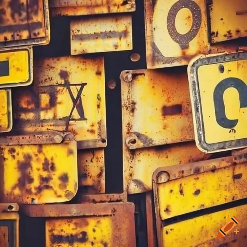Pile of yellow rusty road signs on Craiyon