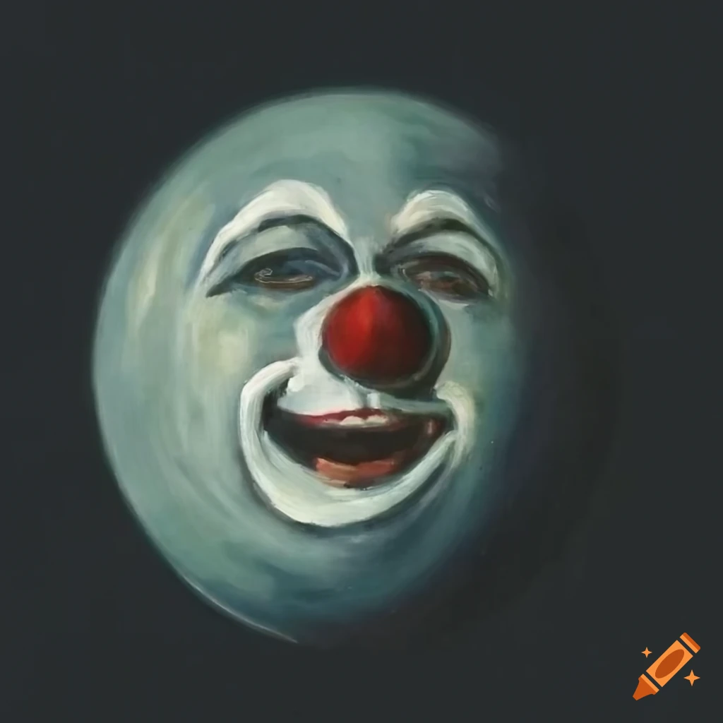 Clown laughing in fetus position under the moon in an oil painting on ...