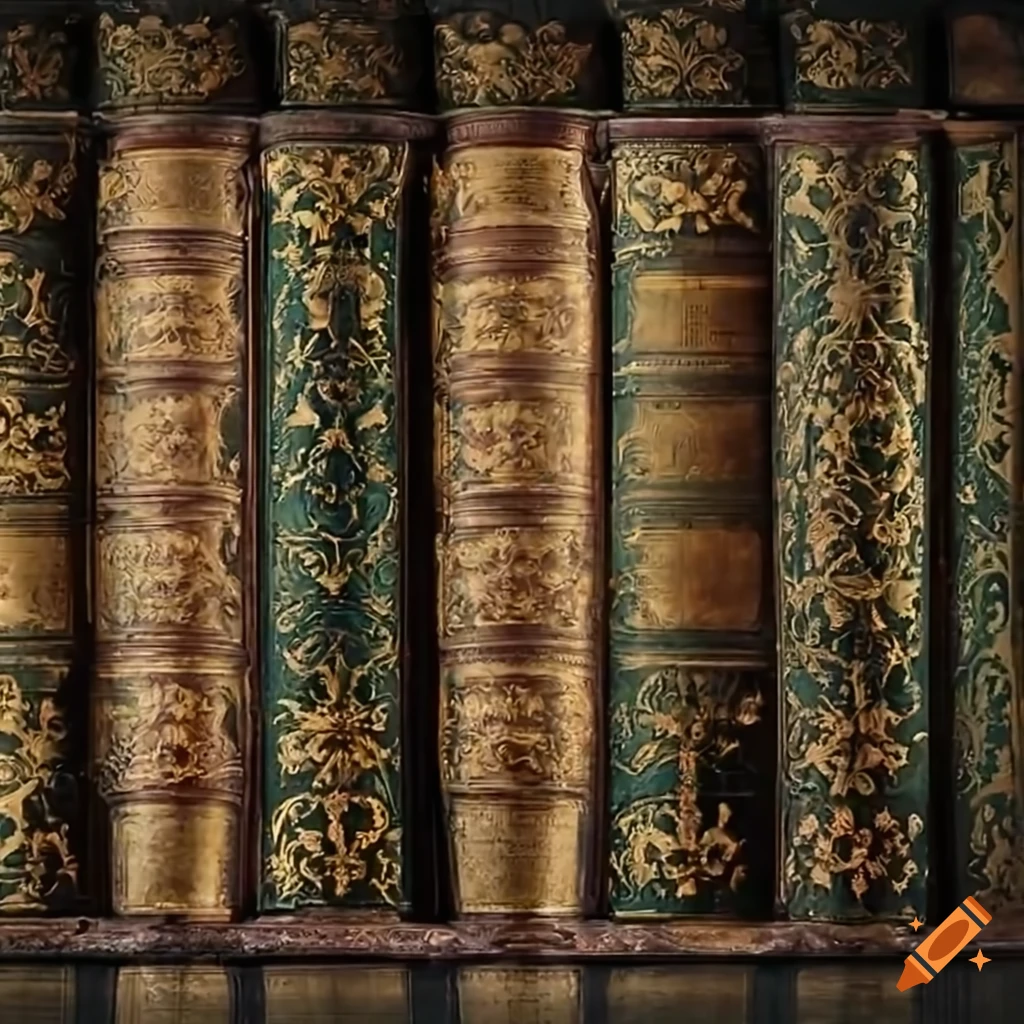 Row of antique intricately decorated vintage old deep green books on ...