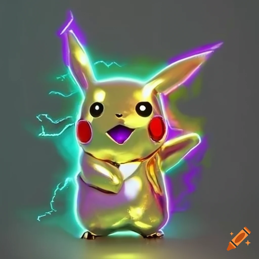 Metallic rainbow pikachu emitting neon lightning on Craiyon