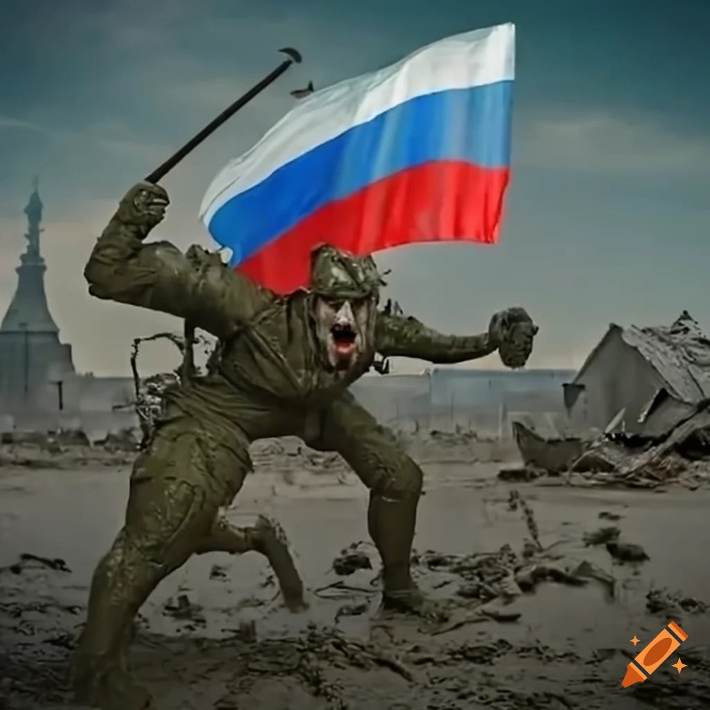 Battle scene with monster soldiers, russian flag, and destroyed ...