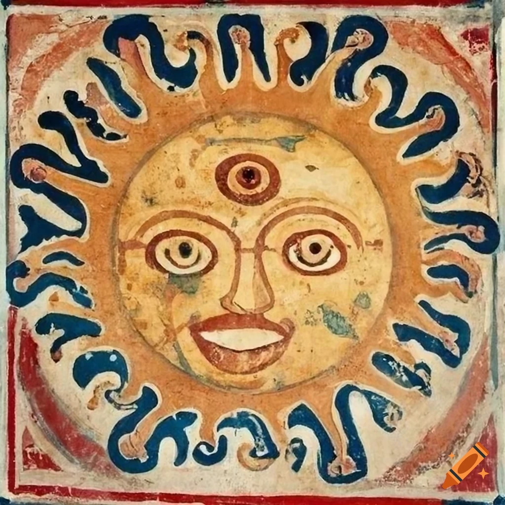 Smiling sun in a romanesque fresco album cover on Craiyon