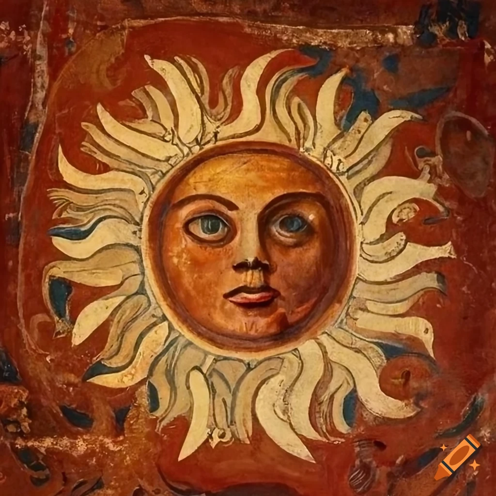 Smiling sun in a romanesque fresco album cover on Craiyon