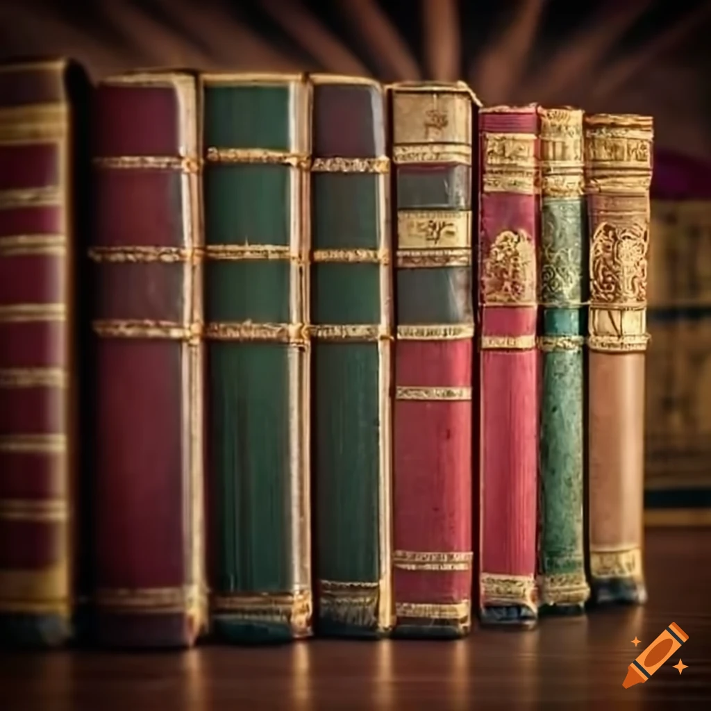 Row of antique decorative vintage colored books with full spines on Craiyon