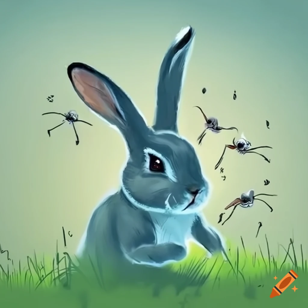 Sketch of a rabbit fleeing from a mosquito on Craiyon