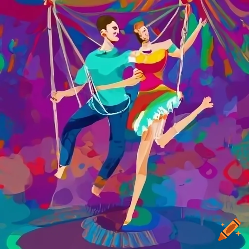 Happy couple dancing swing in colorful circus painting style on Craiyon