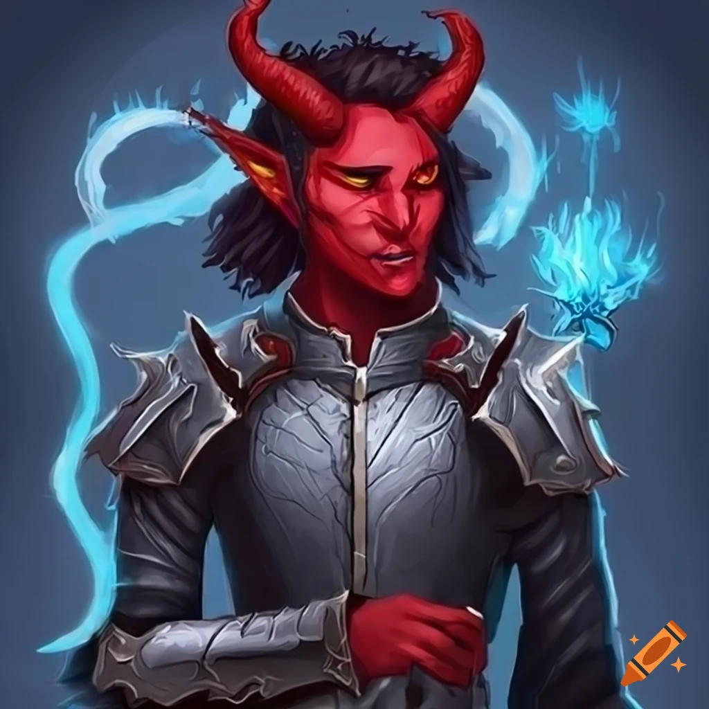 Male red tiefling in armor casting ice magic on Craiyon