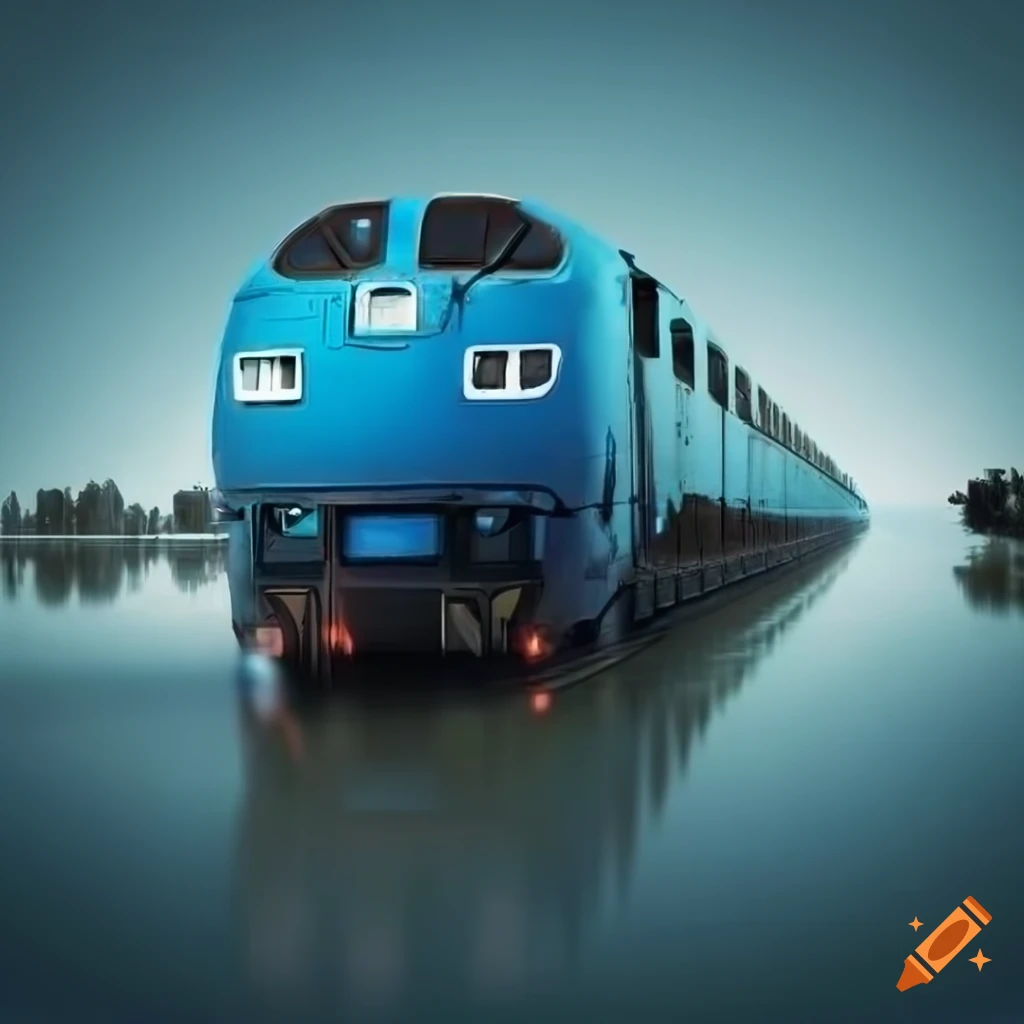 Futuristic modern blue train across a flooded plain with wreckage on ...