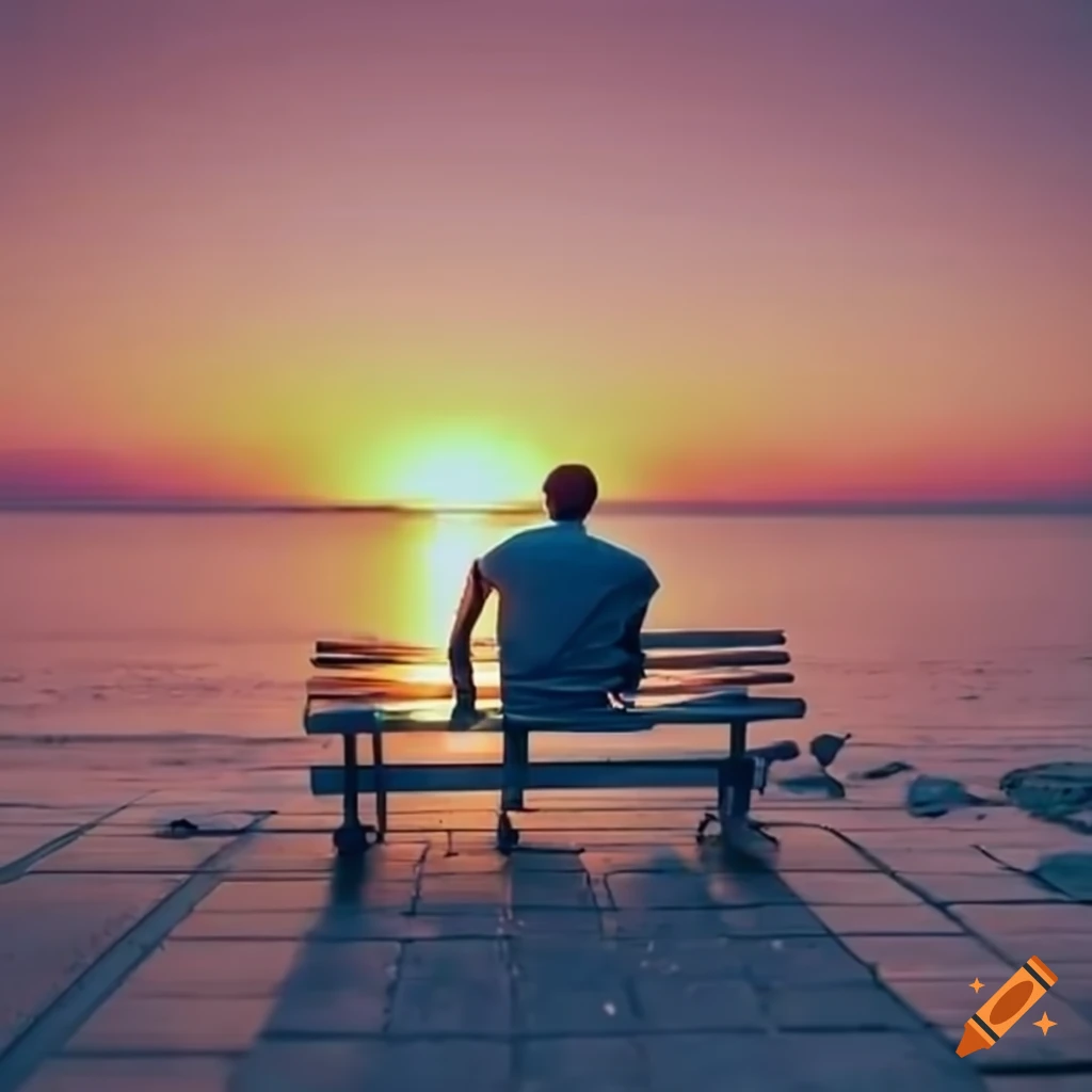 Man sitting on a bench by the sea at sunset on Craiyon