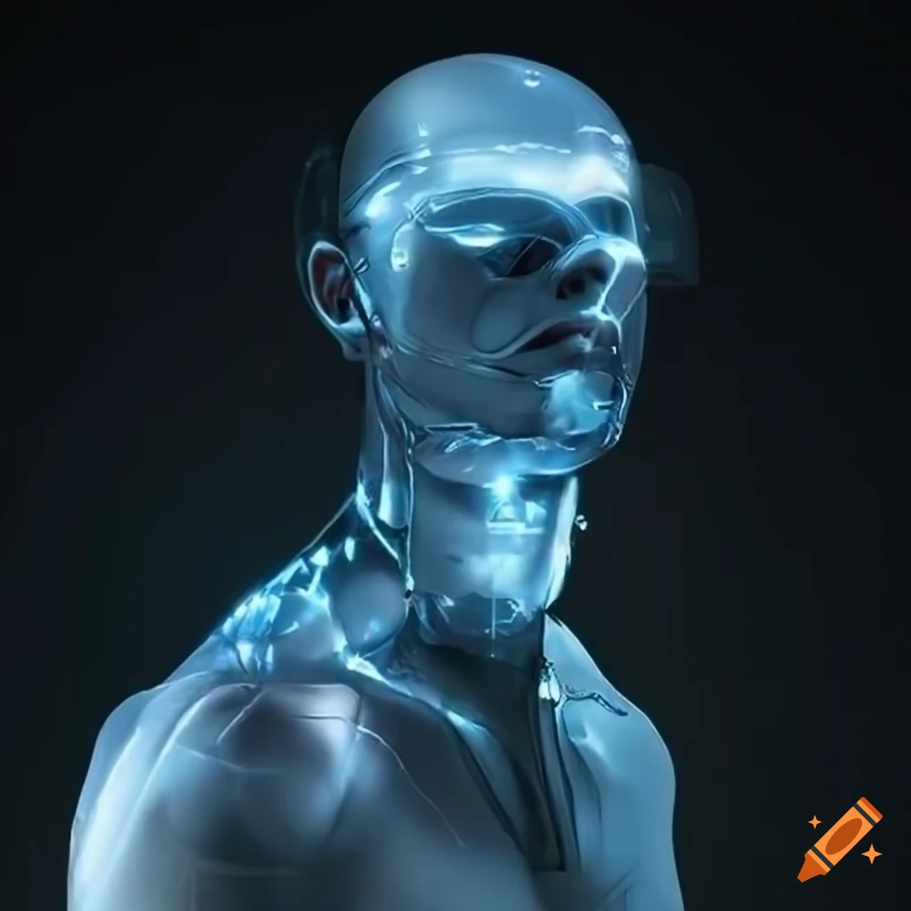 High-tech futuristic glass male cyborg with glowing LED lights on Craiyon