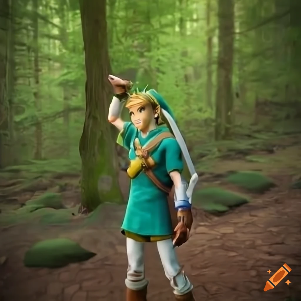 Link standing in a forest from a video game on Craiyon