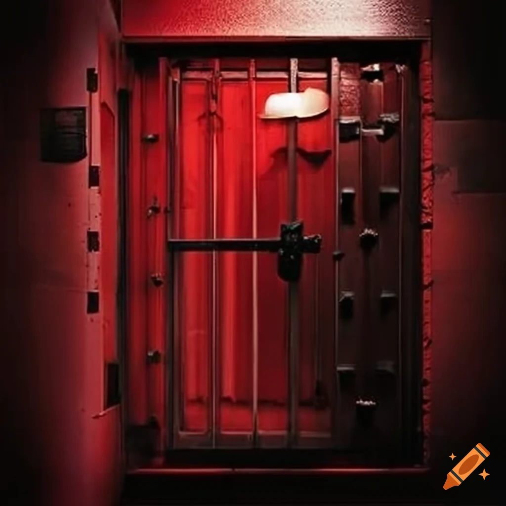 Red-lit decrepit bank vault with bars on Craiyon