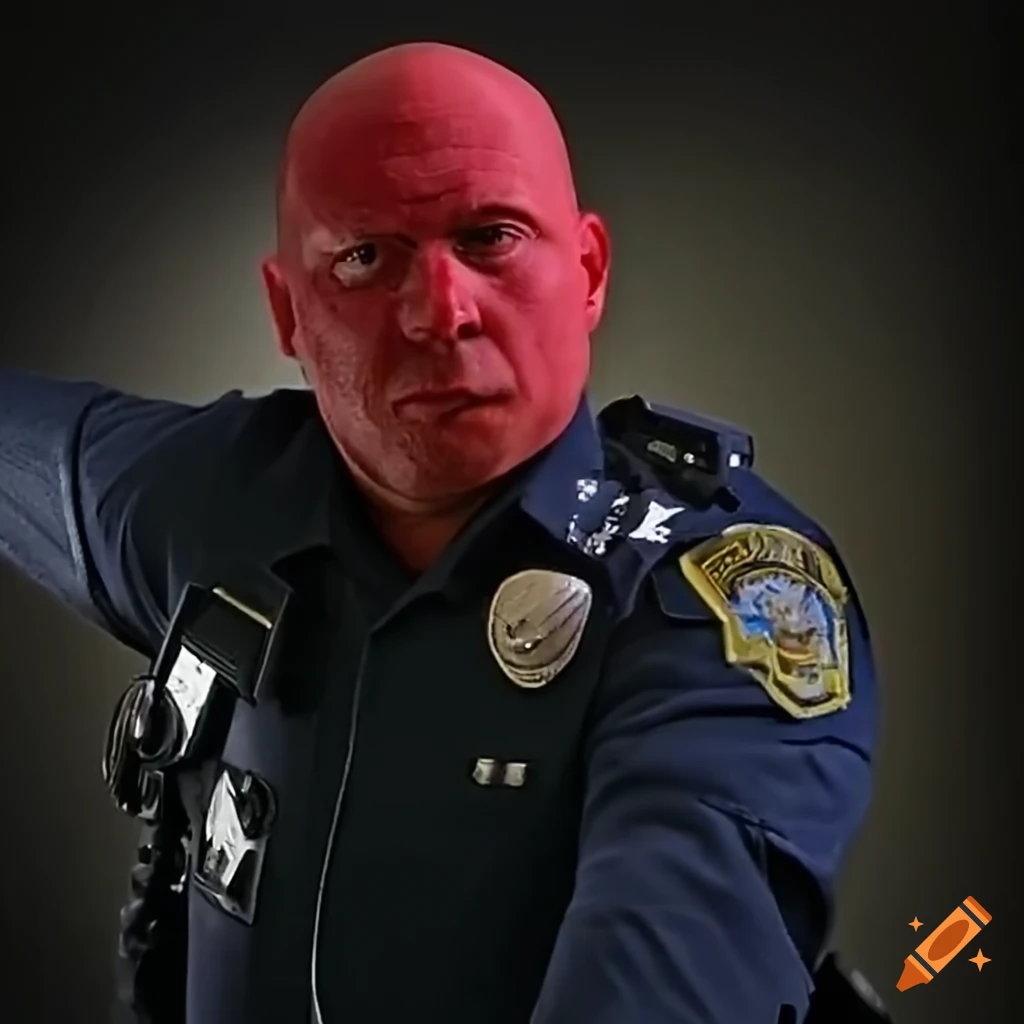 Upset police officer pointing at the camera on Craiyon