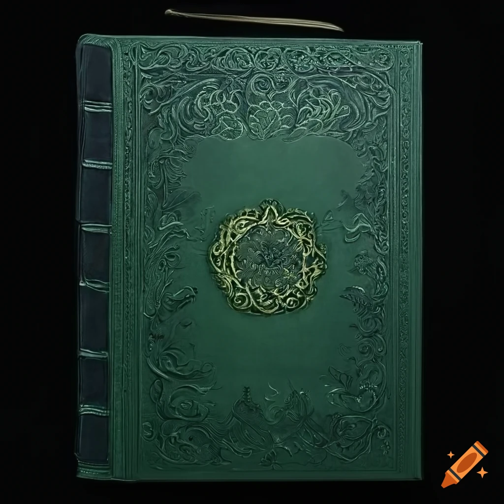 Intricately embossed deep green and black leather book with celestial ...