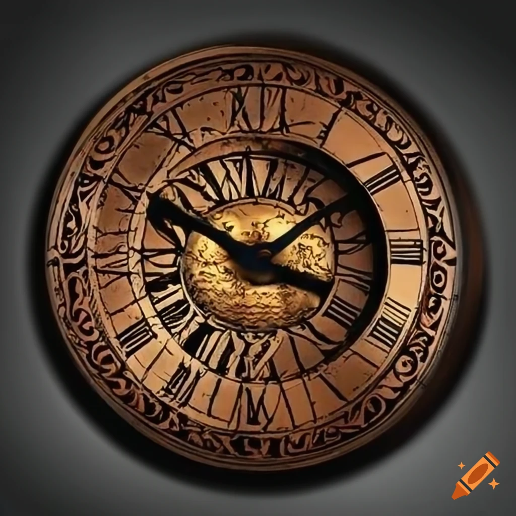 Round ornate clock face with roman numerals and a dragon design on Craiyon