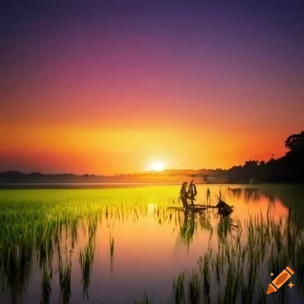 Rice field with a rice god and a farmer at sunset on Craiyon