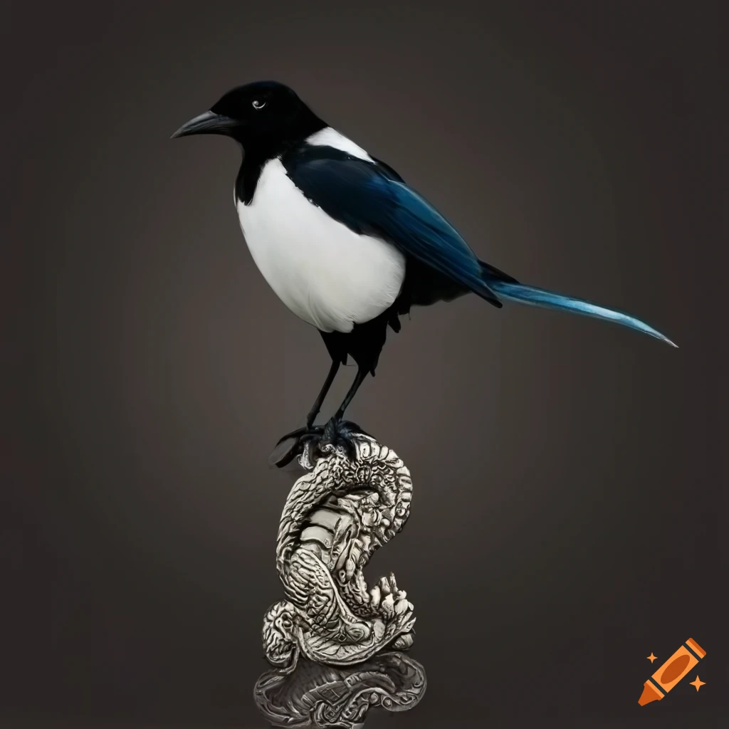 Magpie standing in front of a silver chinese dragon on Craiyon