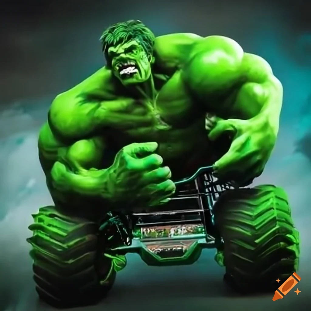 Hulk driving a green monster truck on Craiyon