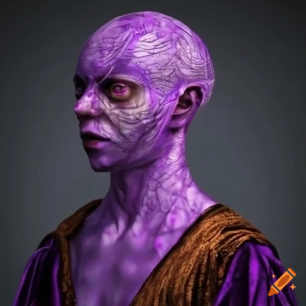 Tall, pallid elfin man with purple eyes and colorful robes on Craiyon