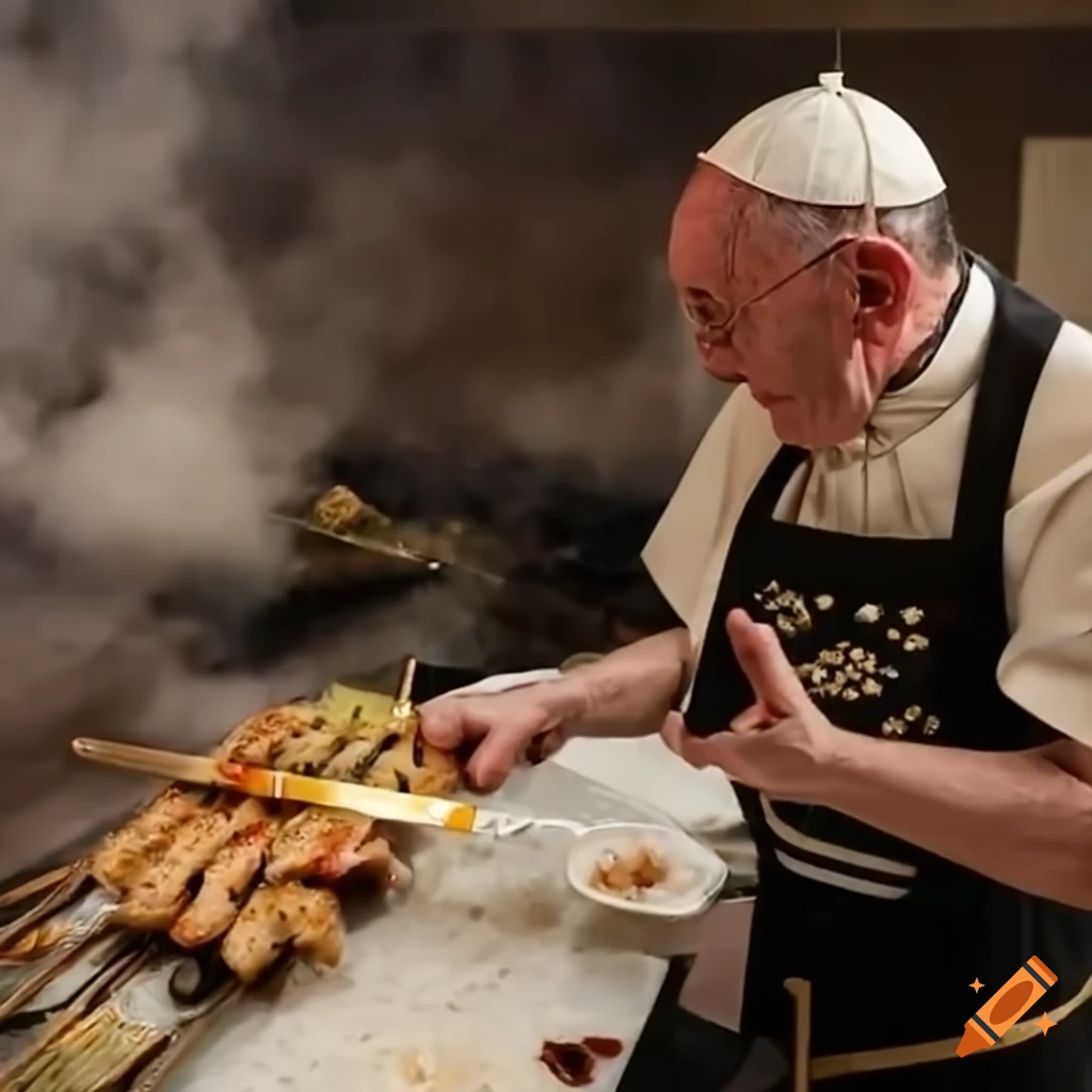 Pope Francis cooking traditional Japanese Yakitori on Craiyon