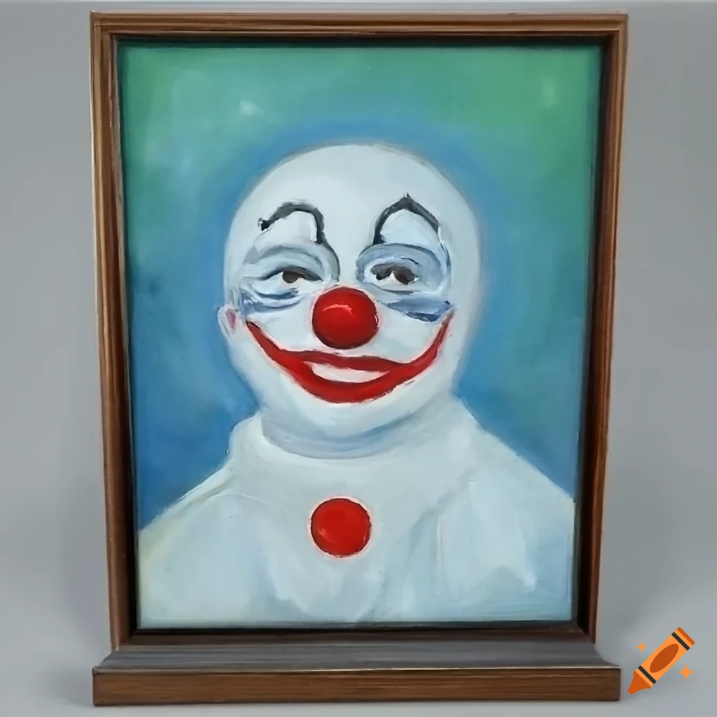 Moon clown laughing in a fetal position in an art deco framed oil ...