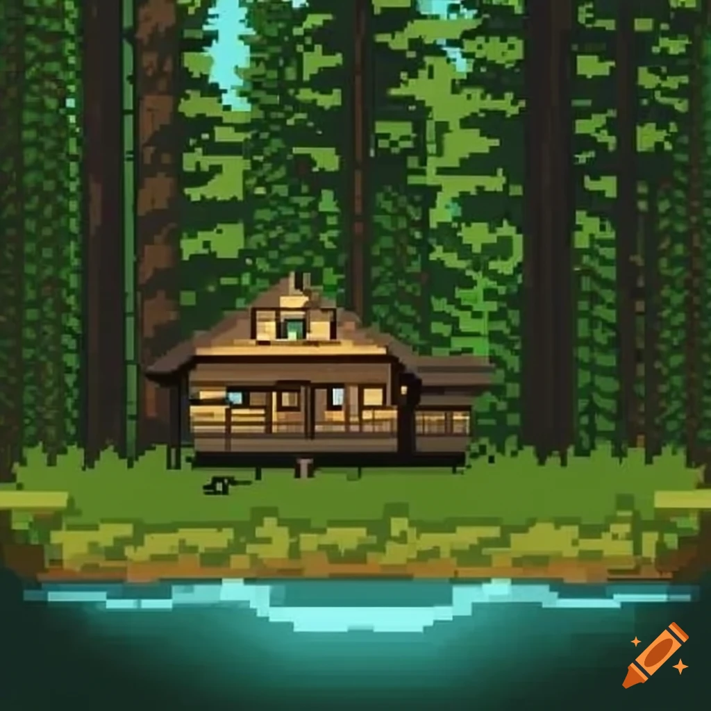 Cabin in woods surrounded by trees with a river, pixel art on Craiyon