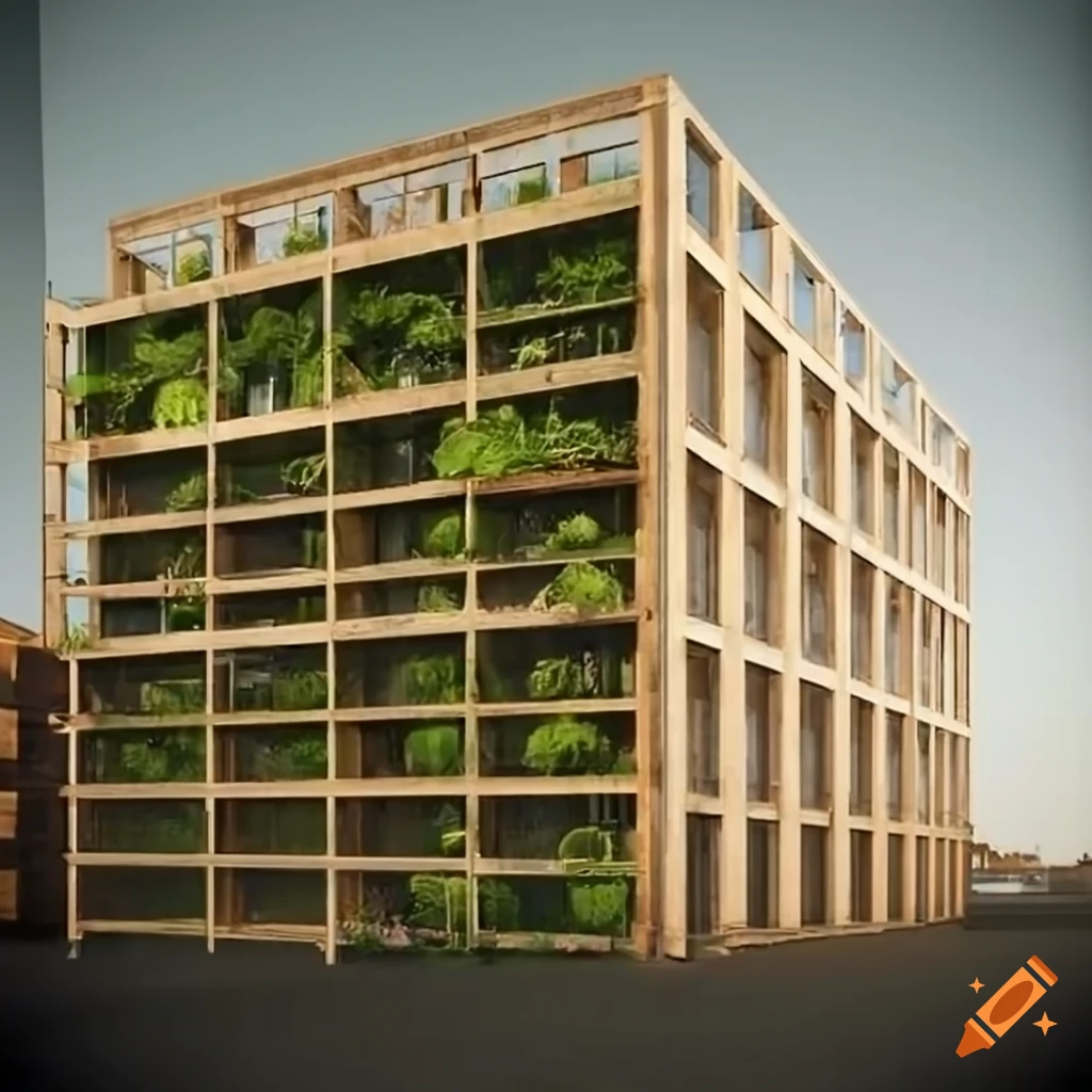 Modern industrial building with wooden construction and rooftop farm in ...