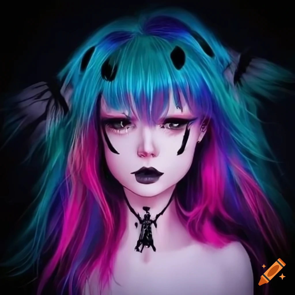 Goth Cat Girl With Bright Colored Hair Looking Sad On Craiyon
