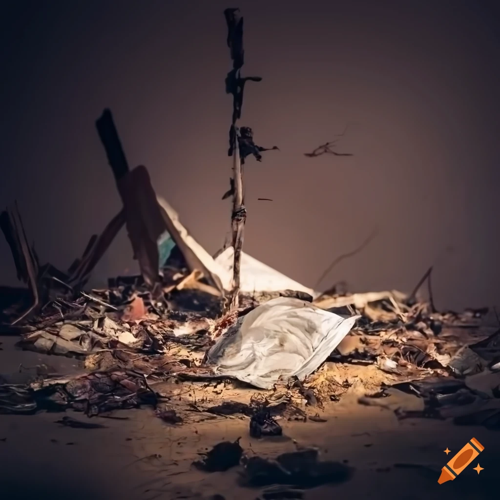 Figure caught in web of junk garbage in a dramatic destroyed landscape ...