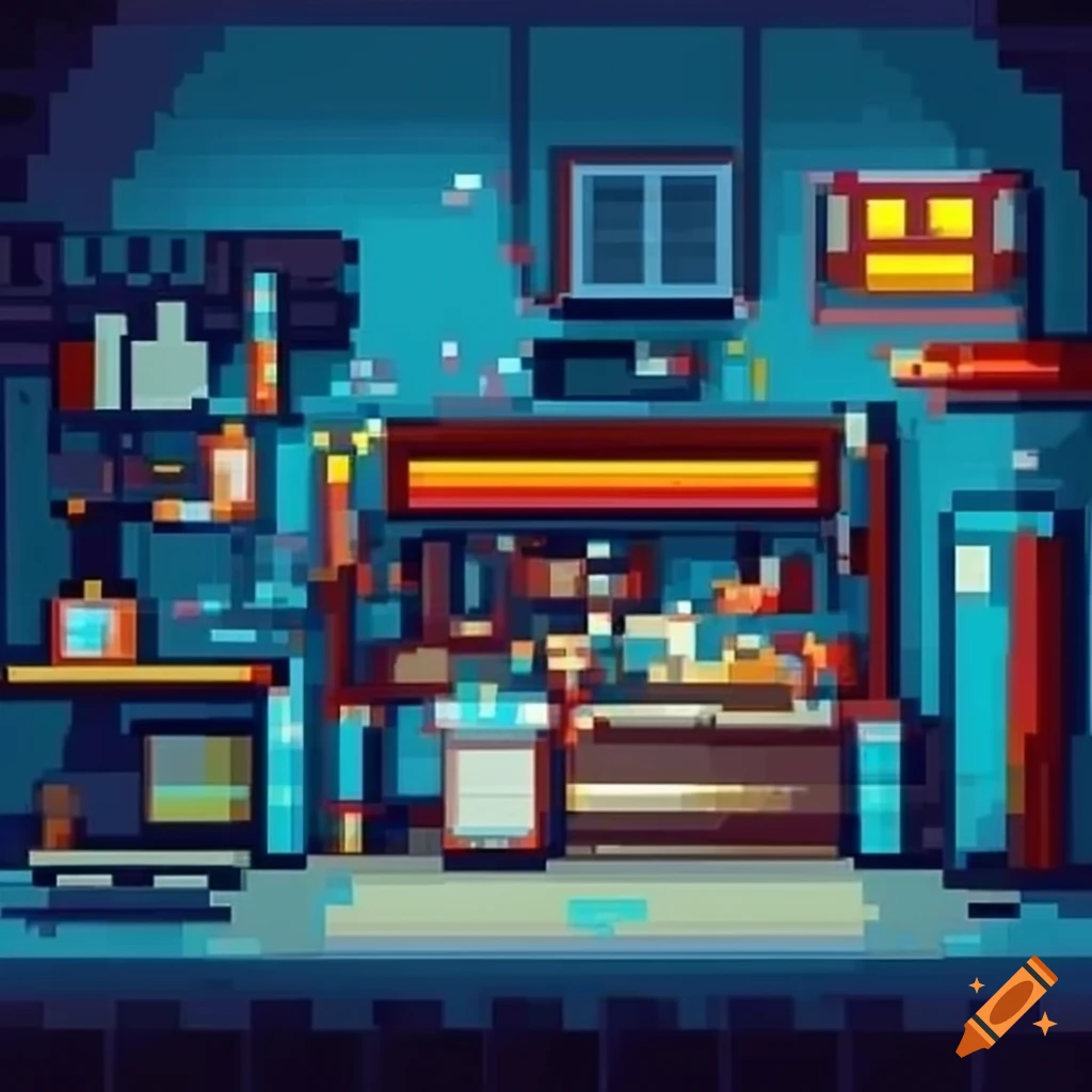 Pixel art auto workshop scene on Craiyon