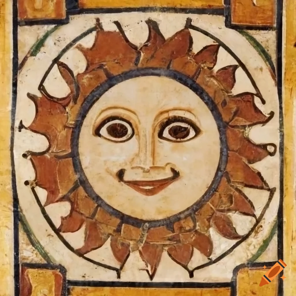 Album cover featuring a smiling sun in a roman fresco style on Craiyon