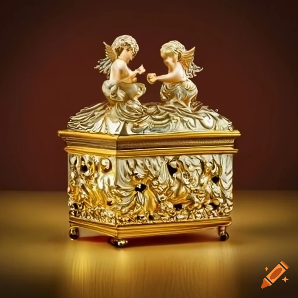 Large gold box with two angels on top on a gold table on Craiyon