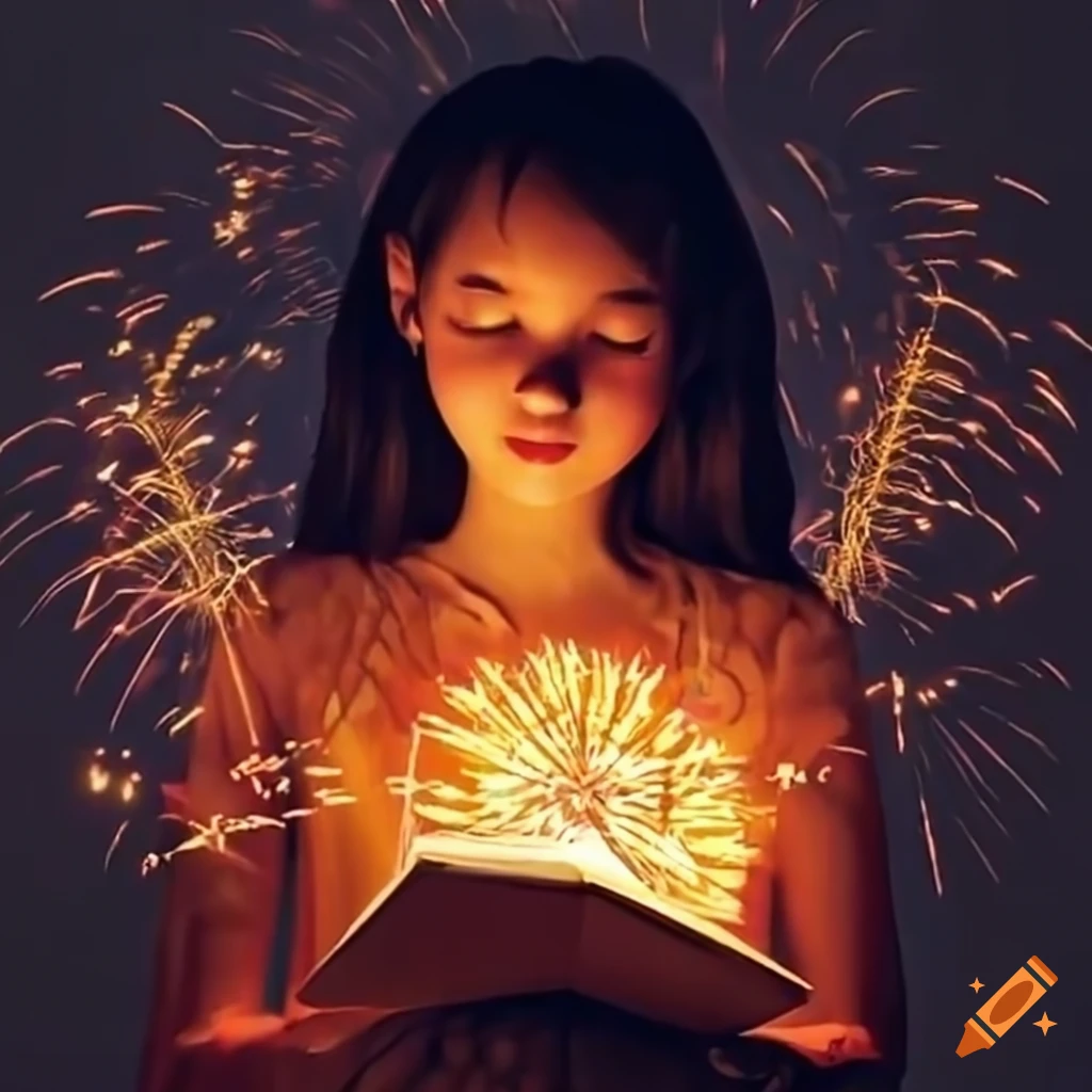 Girl reading a book made of fireworks on Craiyon