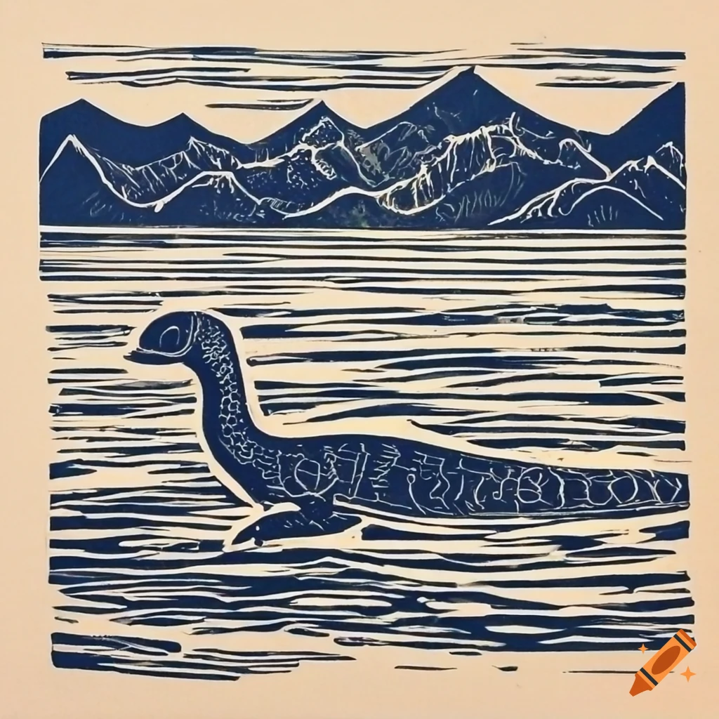 High contrast linocut of a swimming plesiosaur with mountains in the ...