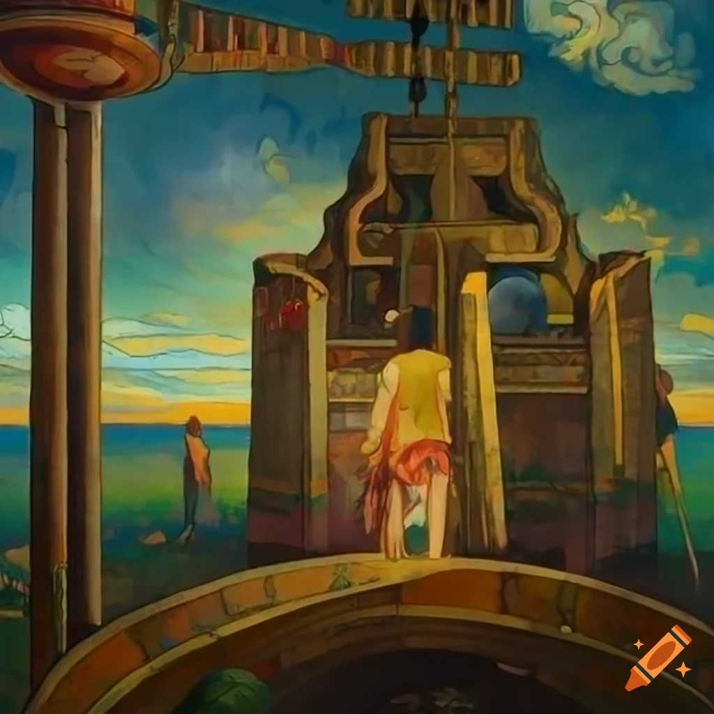 Panoramic painting of an oil well derrick in The Garden of Eden with ...