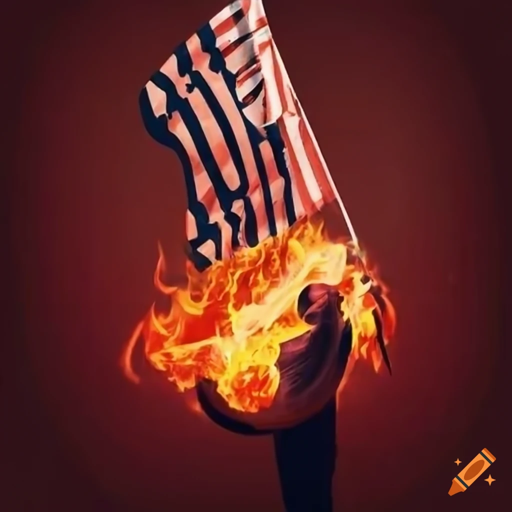 Man holding a flag surrounded by a ring of fire on Craiyon