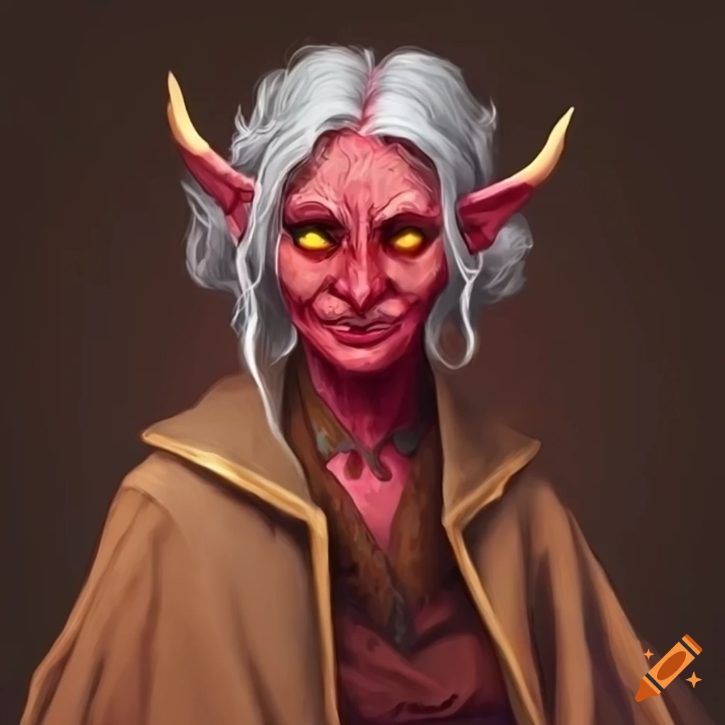 Elderly tiefling woman with red skin wearing a tattered brown robe on ...