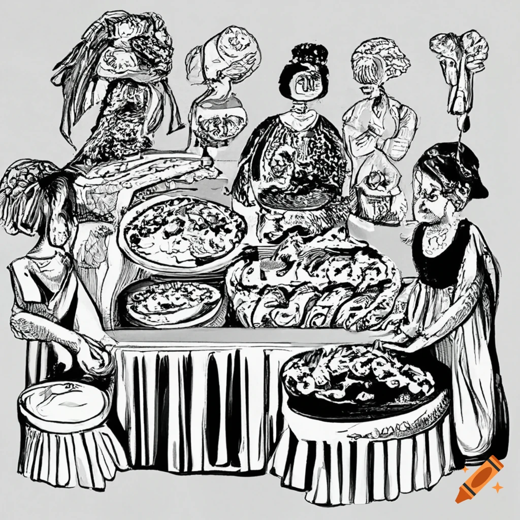 Feast table with a variety of food and drinks on Craiyon