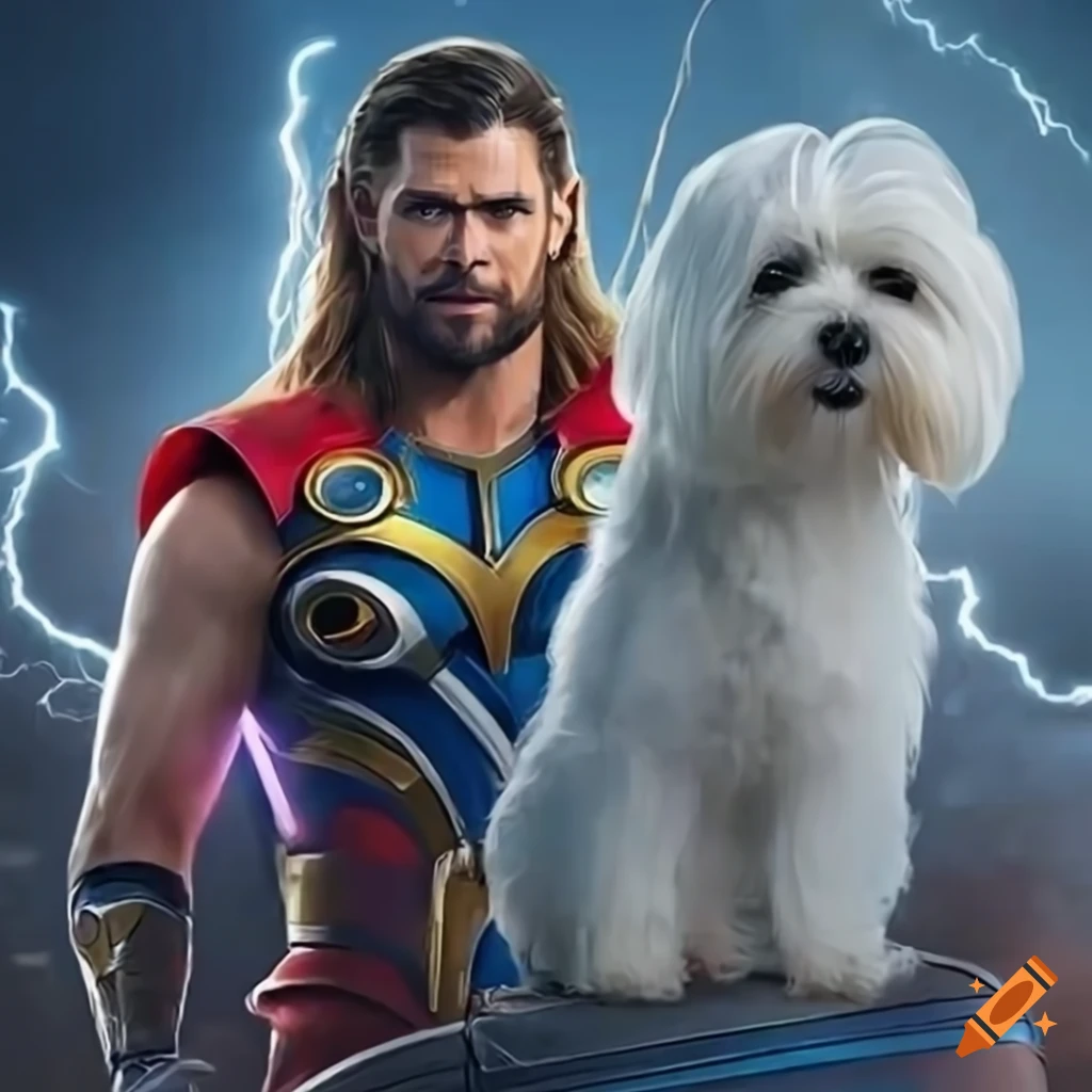 Thor love and thunder movie poster with a fluffy white maltese dog head ...