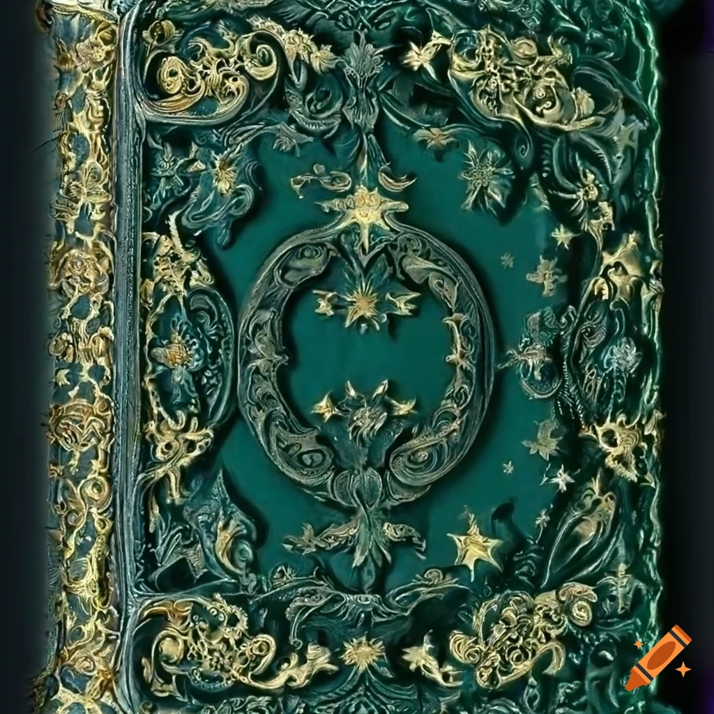 Dark green leather book with celestial motifs of stars and angels on ...