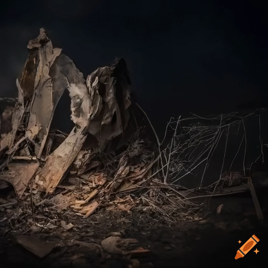 Desolate figures caught in junk garbage web in a destroyed landscape on Craiyon
