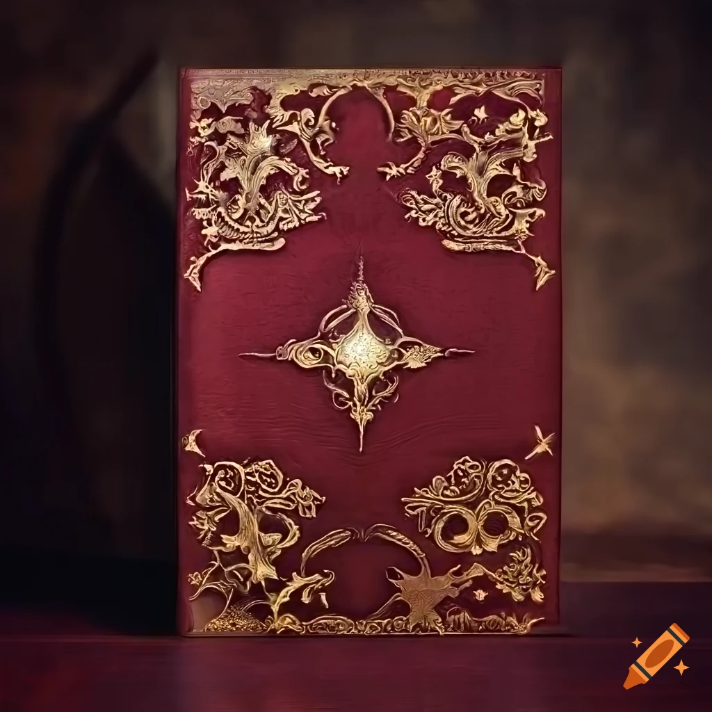 Intricately embossed dark red leather book with celestial motifs on Craiyon