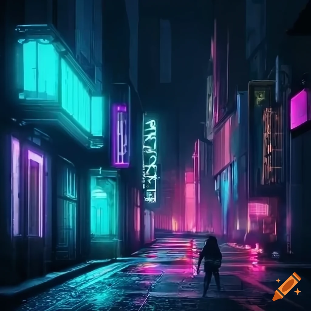 Cyber punk city street with neon signs, mecha, and futuristic vehicles ...