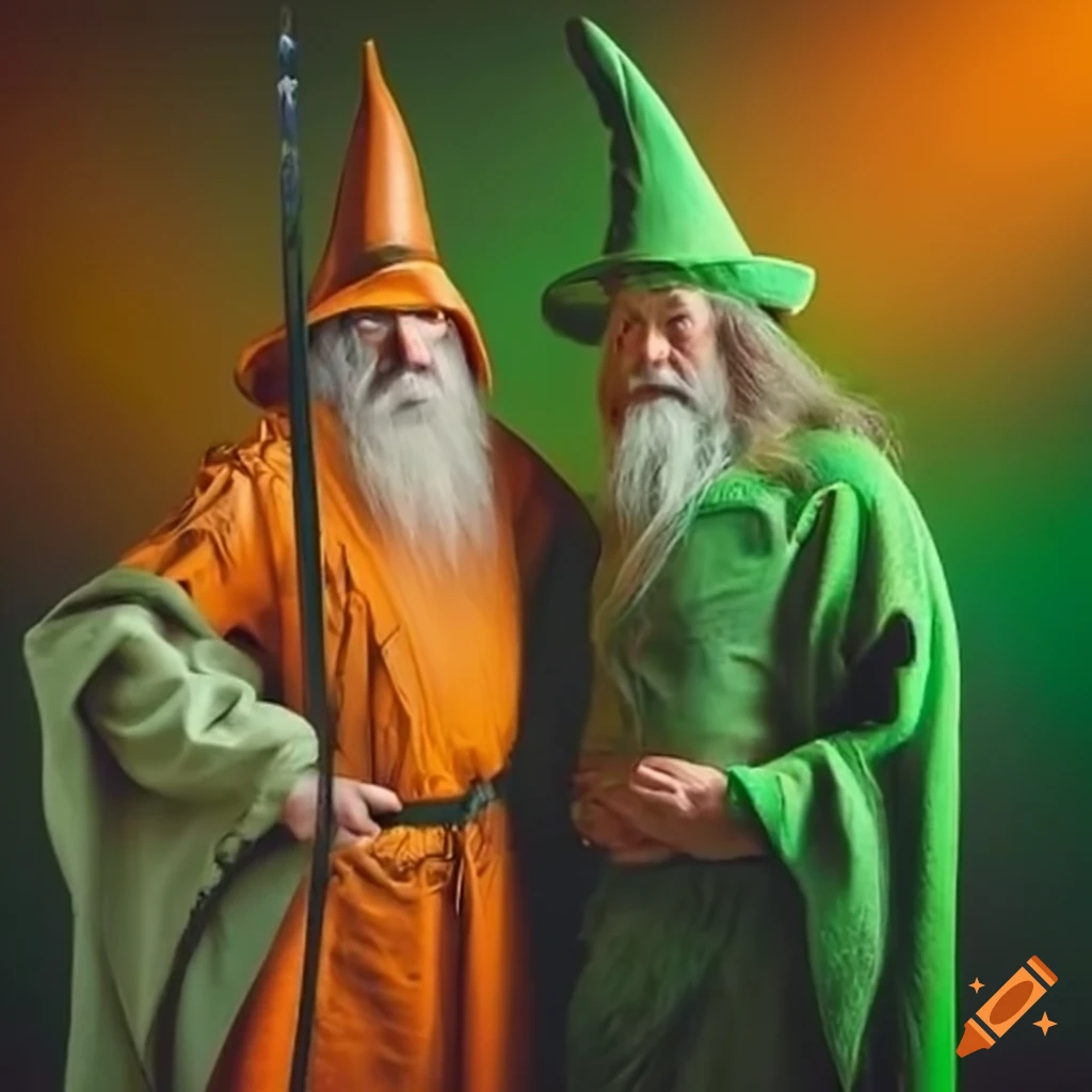 Green and orange wizards meeting each other on Craiyon