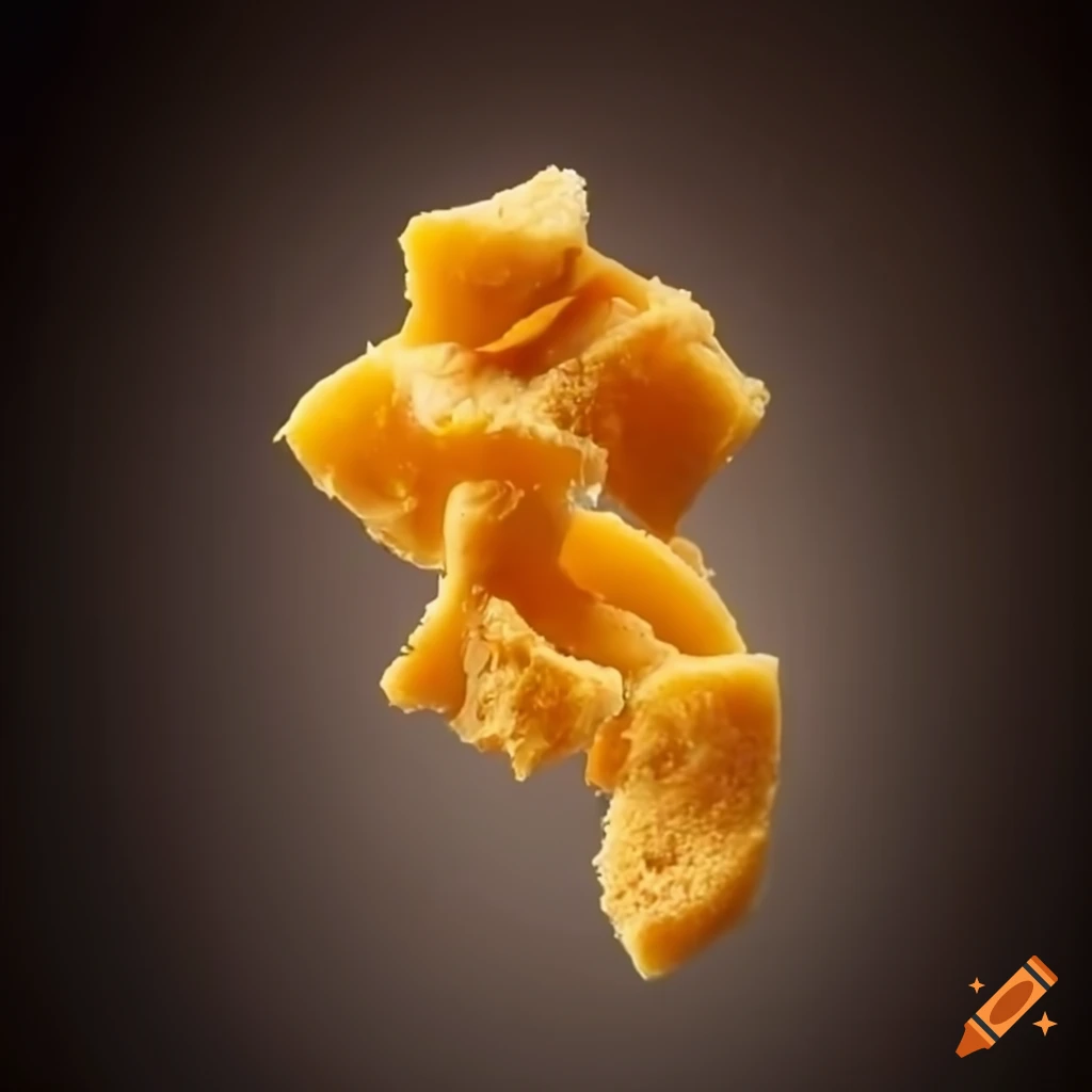 Flying cheddar cheese crumbs on a white background on Craiyon