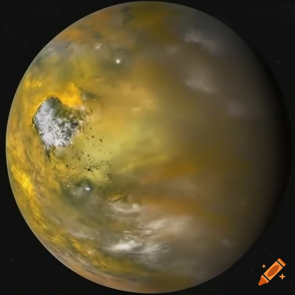 Vivid yellow planet with speckles and a satellite in space on Craiyon