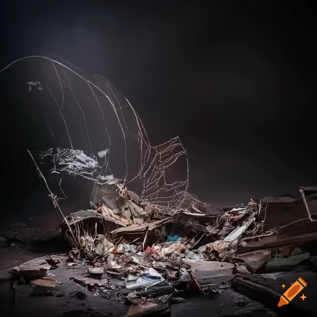 Figure caught in web of junk garbage in a dramatic destroyed landscape ...